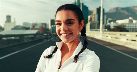 Athlete Face And Woman With Arms Crossed In City For Running Workout