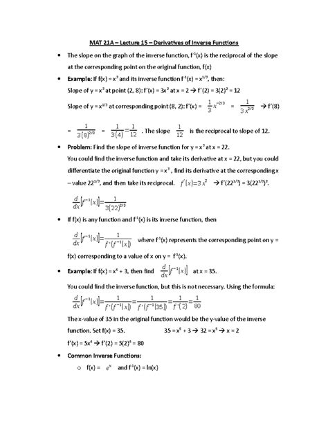 Mat 21a Lecture 15 Derivatives Of Inverse Functions Mat 21a Lecture 15 Derivatives Of
