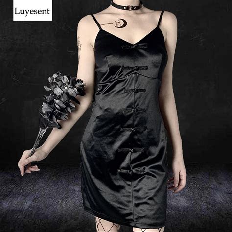 Black Dark Goth Woman Deep V Neck Sexy Dress 2020 Improved Cheongsam