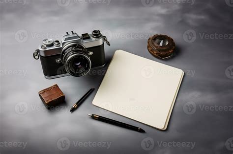 Top View Of Vintage Camera Notebook And Stationery On Grey Background