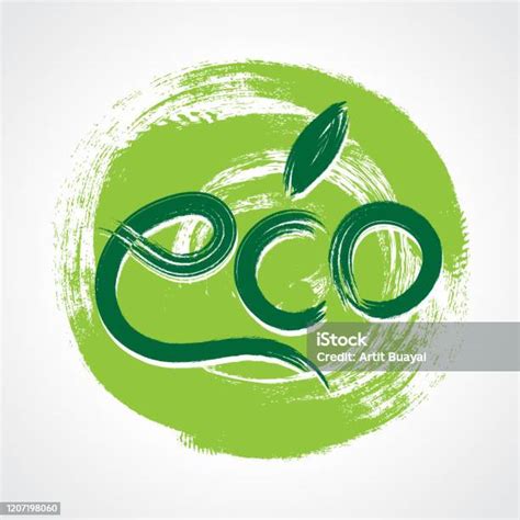 녹색 잎 손으로 그린 벡터 일러스트레이션 서예 및 타이포그래피 페인트 브러시 스트로크와 에코 아이콘 가리기에 대한 스톡 벡터 아트 및 기타 이미지 Istock
