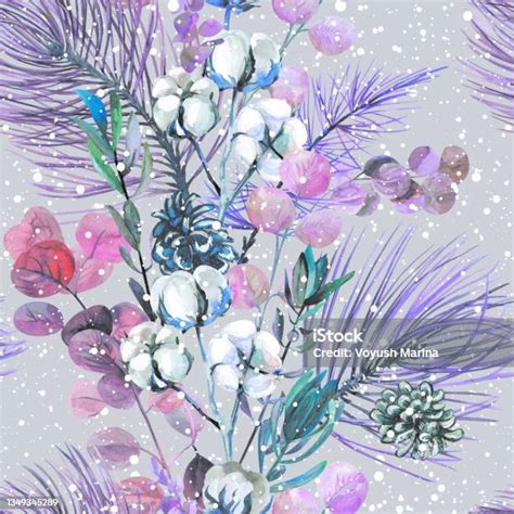 회색 배경에 겨울 꽃다발과 보라색 전나무 가지와 특이한 현대 수채화 크리스마스 원활한 패턴 꽃 식물에 대한 스톡 벡터 아트 및
