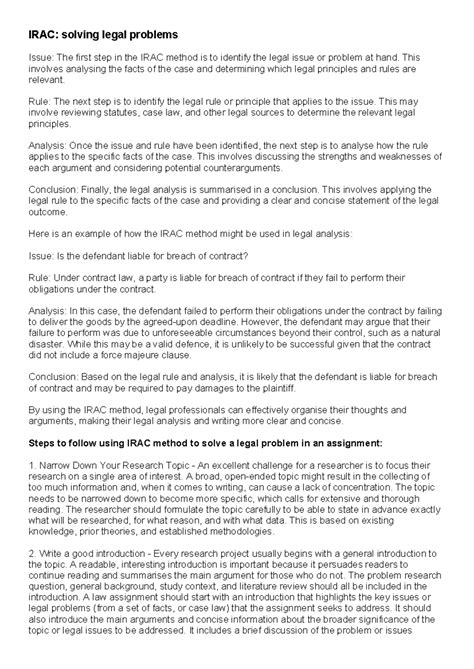 Irac Method Of Answering Questions Irac Solving Legal Problems Issue The First Step In The