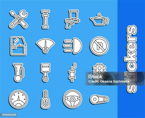 세트 라인 타이밍 벨트 키트 신호등 주차 또는 정지 없음 페인트 스프레이 건 속도계 자동차 문 드라이버와 렌치 도구와 높은 빔 아이콘 벡터 계기판 차량 부분에 대한 스톡