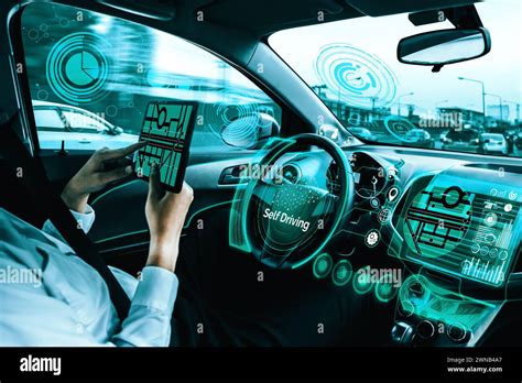 Self Driving Autonomous Car With Relaxed Young Man Sitting At Driver