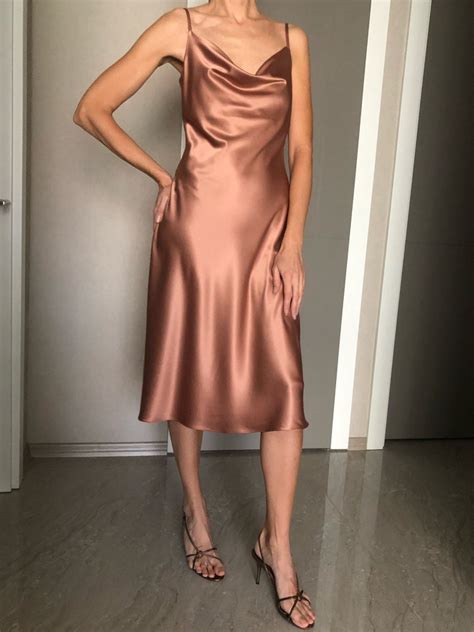 Rose Gold Cowl Neck Silk Satin Midi Length Slip Etsy