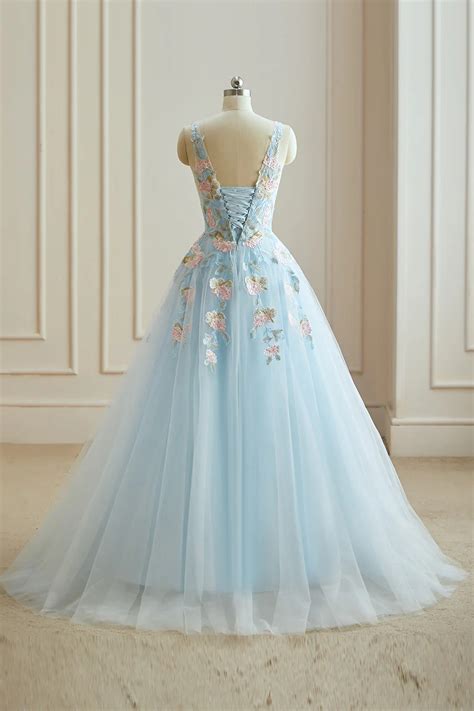 A Line V Neck Tulle With Appliques Lace Open Back Long Prom Dresses