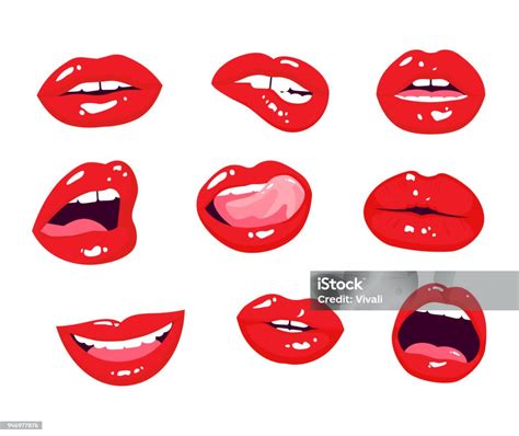붉은 입술 컬렉션입니다 키스 미소 혀와 치아 배경에 고립 된 여자 입 흰색 절연 0명에 대한 스톡 벡터 아트 및 기타 이미지