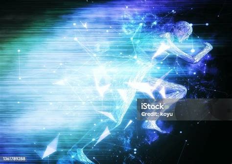 과학 기술의 개념으로 빛의 속도로 달리는 사람의 3d 일러스트 달리기에 대한 스톡 사진 및 기타 이미지 달리기 배경 주제 조깅 Istock