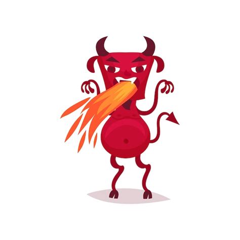 Diabo engraçado chifres e cauda expirando chama quente vetor de
