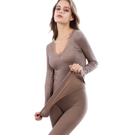2018 Winter Warm Bamboo Long Johns Women Sexy Body Lace V Neck Ladies