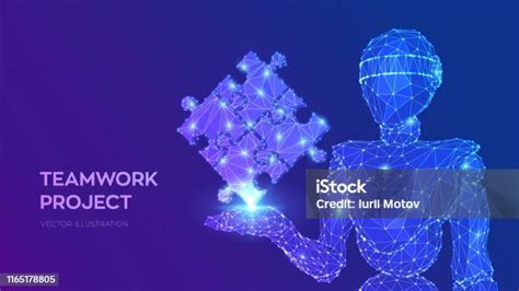 팀웍 퍼즐 요소 팀 은유 팀워크 협력 파트너십의 상징 퍼즐 조각을 들고 추상 3d 낮은 다각형 로봇 연결의 비즈니스 개념입니다 벡터 일러스트레이션 낮음에 대한 스톡 벡터