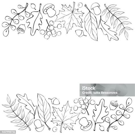 나뭇잎 버섯 도토리 가장자리에 열매의 공간과 경계가있는 가을 배경 초대 결말 프레임 어린이 인쇄 또는 채색 주제는 숲 행복한 가을 추수 감사절입니다 가을에 대한 스톡 벡터