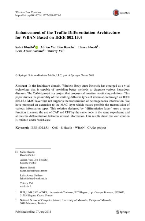Pdf Enhancement Of The Traffic Differentiation Architecture For Wban Based On Ieee 802154