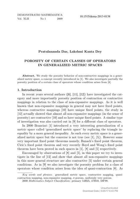 Pdf Porosity Of Certain Classes Of Operators In Generalized Metric Spaces