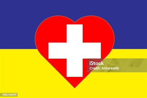 우크라이나의 국기에 스위스의 국기의 색상에 그려진 심장 파란색노란색 배경에 스위스의 국가 상징과 마음의 그림 스위스에 대한 스톡 벡터 아트 및 기타 이미지 Istock
