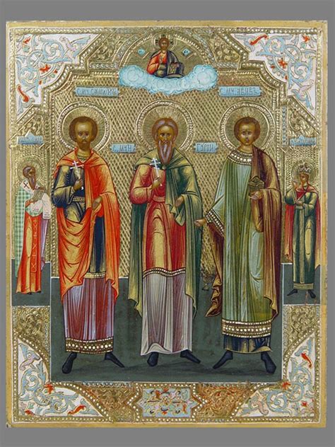 Икона «Святые Гурий, Самон и Авив», дерево, левкас, темпера, золочение ...