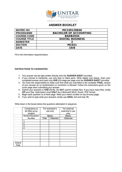 Final Examination Answers Answer Booklet Matric No Mc Programme