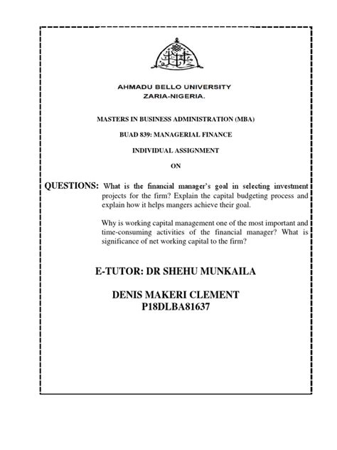 Individual Assignment Buad 839 Pdf Working Capital Internal Rate