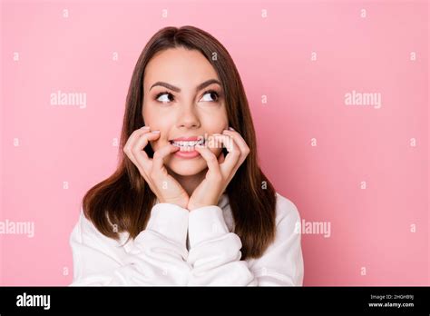 Photo Of Young Girl Happy Positive Smile Bite Fingers Lips Look Empty