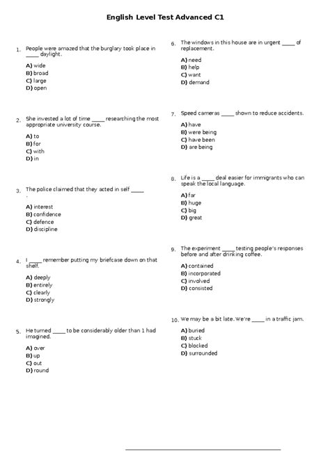 English Level Test Advanced C1 Pdf With Answers Englishtestpdf People