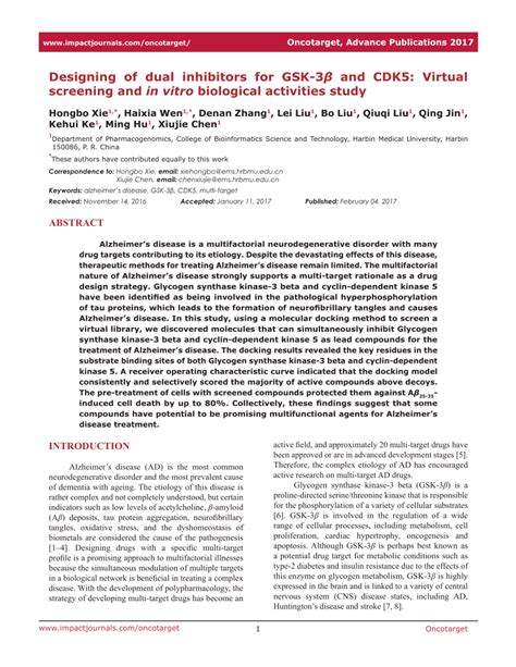 Pdf Designing Of Dual Inhibitors For Gsk 3β And Cdk5 Virtual Screening And In Vitro