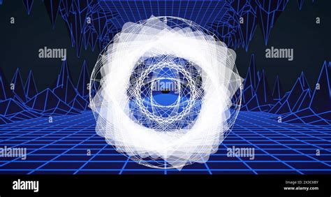 Image Of Multiple White Geometric Shapes Spinning On Seamless Loop With Blue Grid In Background