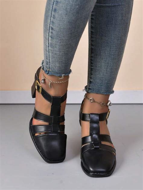 Women Minimalist Square Toe Chunky Heeled Mary Jane Pumps Elegant Black