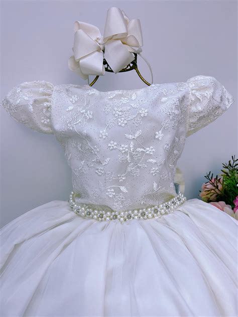 Vestido Infantil Marfim Renda Damas Honra Casamentos Pérola Rosa