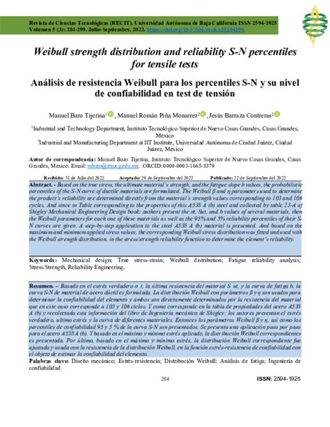 Pdf Weibull Strength Distribution And Reliability S N Percentiles For Tensile Tests