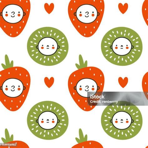 귀여운 아기 얼굴 귀여운 과일 낙서 스타일의 하트가 있는 심플한 이음매 없는 패턴 포장지 어린이 상품 베이비 샤워 패브릭 섬유