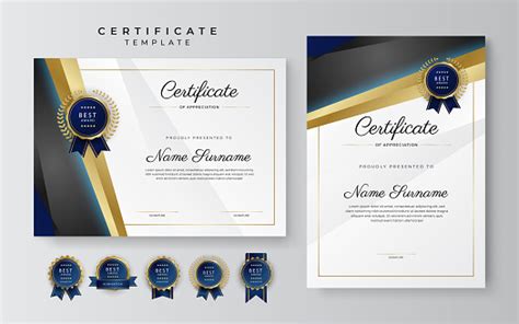 고급 배지와 현대적인 라인 패턴이있는 업적 국경 템플릿의 검은 색과 금색 인증서 수상 비즈니스 및 교육 요구 사항 감탄에 대한