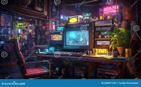 Computer Generico Ai Computer Sul Tavolo In Stile Cyberpunk Nostalgico