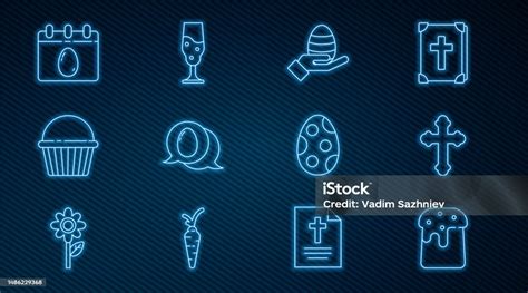 세트 라인 부활절 케이크 기독교 십자가 인간의 손과 부활절 달걀 말풍선 달력 및 와인 잔 아이콘 벡터 Brand Name