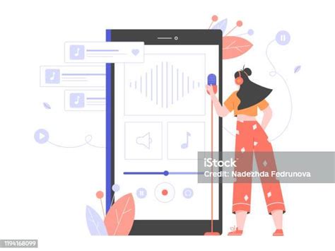 모바일 음성 녹음 스튜디오 여자는 새로운 노래 팟 캐스트 온라인 과정을 기록하고있다 라이브 스트리밍에 대한 스톡 벡터 아트 및