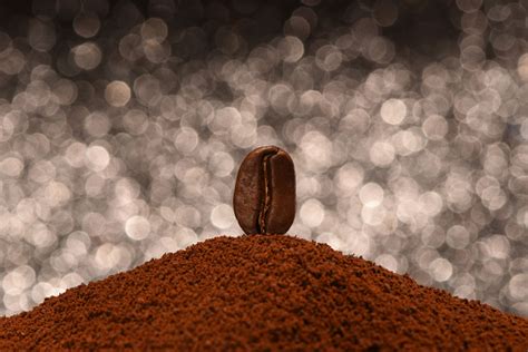 신선한 구운 커피 콩은 실버 보케 배경에 한 줌의 분쇄 커피위에 서 있습니다 엽서 배너 개체 그룹에 대한 스톡 사진 및 기타 이미지 Istock