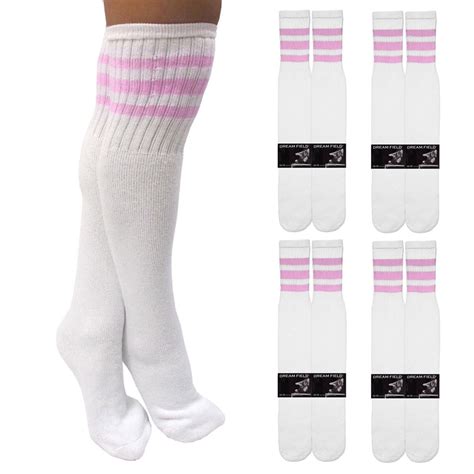 4 Pairs Knee High White Tube Socks Pink Stripe Cotton Long Athletic Sports 10 15