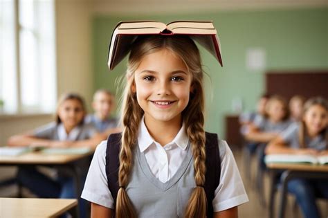 Premium Photo Happy Schoolgirl With Book On Head