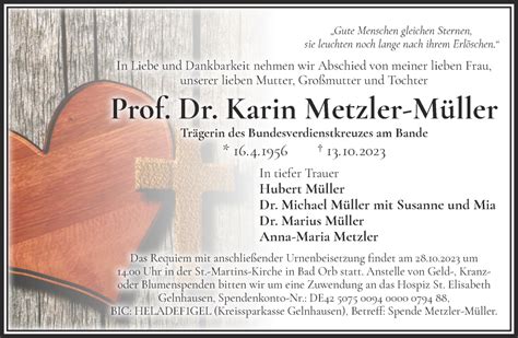 Traueranzeigen von Karin Metzler Müller trauer gnz de