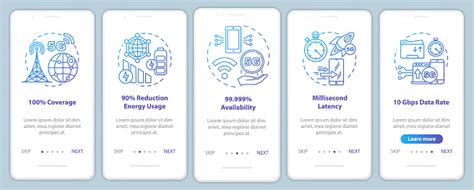 모바일 앱 페이지 화면 벡터 템플릿을 온보딩하는 5g 기술 100 적용 범위 밀리초 대기 시간 선형 일러스트레이션이 있는 웹 사이트 연습 단계입니다 Ux Ui Gui 스마트