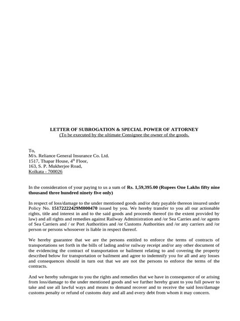 Subrogation Letter Pdf