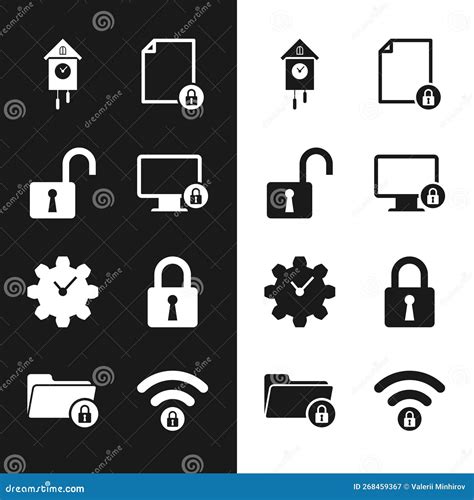 Set Lock On Monitor Open Padlock Retro Wall Watch Document And Time Management And Icon