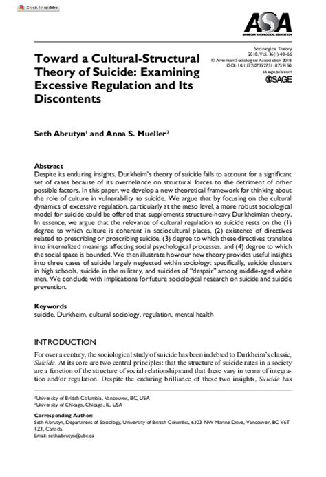 Pdf Toward A Cultural Structural Theory Of Suicide Examining Excessive Regulation And Its