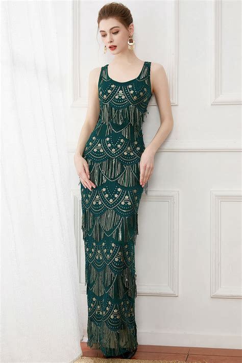 Zapaka Women Flapper Dress Dark Green Sheath Fringes Long 1920s Dress