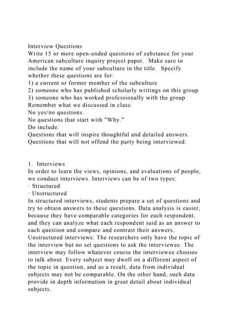 Interview Questions Write 15 Or More Open Ended Questions Of Subdocx