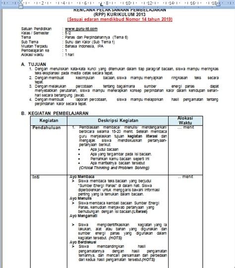 Download Rpp 1 Lembar Kelas 5 Semester 2 K13 Revisi 2020 Info