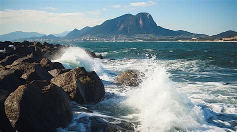 산을 배경으로 부서지는 파도를 찍은 이미지 아름다운 파도 고화질 사진 사진 물 배경 일러스트 및 사진 무료 다운로드 Pngtree