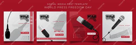 흰색 빨간색 배경에서 세계 언론 자유의 날을 위한 마이크가 있는 소셜 미디어 템플릿 세트 프리미엄 벡터
