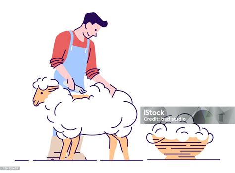 농부 전단 양 플랫 벡터 문자입니다 양모 생산 축산 축산 컨셉에 윤곽이 있습니다 남성 전단 절단 메리노 울 만화 삽화 고립 에