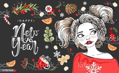 새 해 복 많이 받으세요 그리고 메리 크리스마스 인사말 카드입니다 겨울 요소와 로맨틱 소녀입니다 벡터 일러스트 레이 션 겨울에